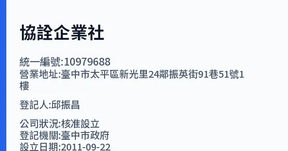 協詮企業社的照片-統編 10979688(臺中市) 公司登記資料與營業項目詳細圖表