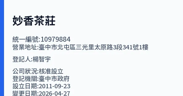妙香茶莊的照片-統編 10979884(臺中市) 公司登記資料與營業項目詳細圖表