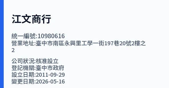 江文商行的照片-統編 10980616(臺中市) 公司登記資料與營業項目詳細圖表