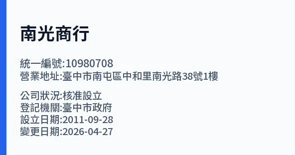 南光商行的照片-統編 10980708(臺中市) 公司登記資料與營業項目詳細圖表