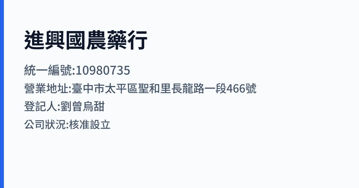 進興國農藥行 - 統編 10980735(臺中市) 公司登記資料與營業項目詳細圖表