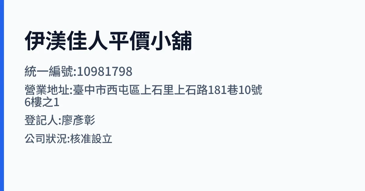 伊渼佳人平價小舖 - 統編 10981798(臺中市) 公司登記資料與營業項目詳細圖表