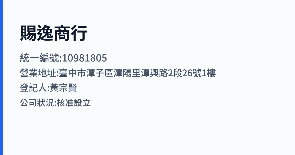 賜逸商行 - 統編 10981805(臺中市) 公司登記資料與營業項目詳細圖表