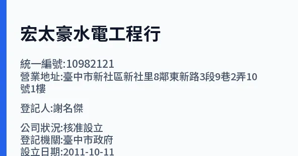 宏太豪水電工程行的照片-統編 10982121(臺中市) 公司登記資料與營業項目詳細圖表