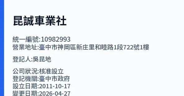 昆誠車業社的照片-統編 10982993(臺中市) 公司登記資料與營業項目詳細圖表