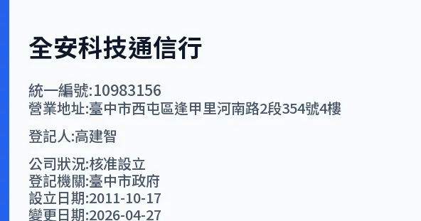 全安科技通信行的照片-統編 10983156(臺中市) 公司登記資料與營業項目詳細圖表