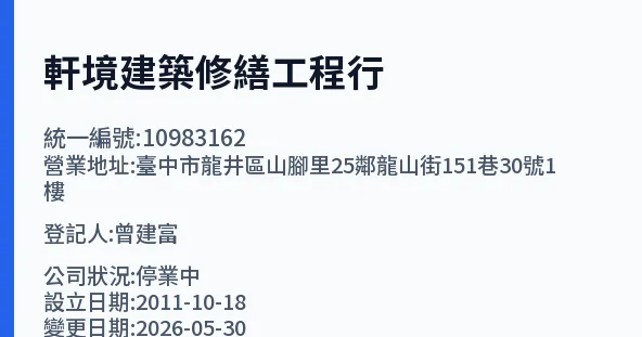 軒境建築修繕工程行的照片-統編 10983162(臺中市) 公司登記資料與營業項目詳細圖表