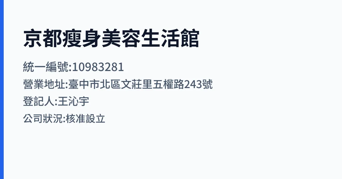 京都瘦身美容生活館 - 統編 10983281(臺中市) 公司登記資料與營業項目詳細圖表