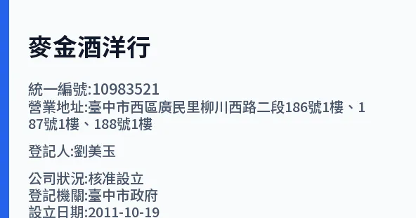 麥金酒洋行的照片-統編 10983521(臺中市) 公司登記資料與營業項目詳細圖表