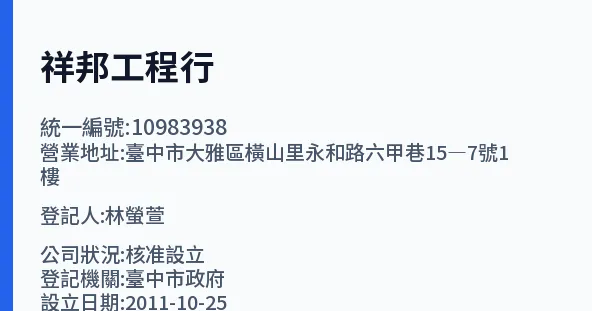 祥邦工程行的照片-統編 10983938(臺中市) 公司登記資料與營業項目詳細圖表