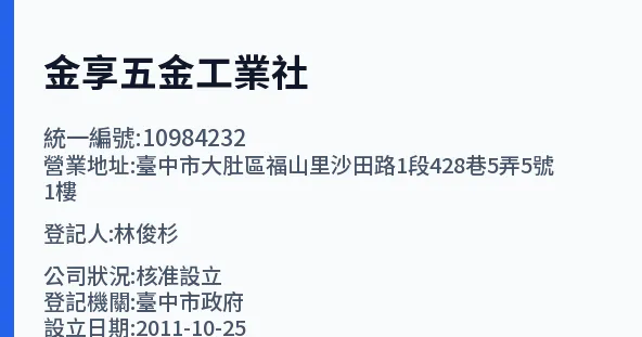 金享五金工業社的照片-統編 10984232(臺中市) 公司登記資料與營業項目詳細圖表