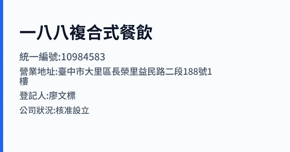 一八八複合式餐飲 - 統編 10984583(臺中市) 公司登記資料與營業項目詳細圖表