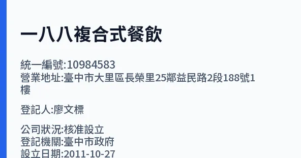 一八八複合式餐飲的照片-統編 10984583(臺中市) 公司登記資料與營業項目詳細圖表