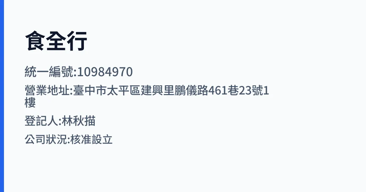 食全行 - 統編 10984970(臺中市) 公司登記資料與營業項目詳細圖表
