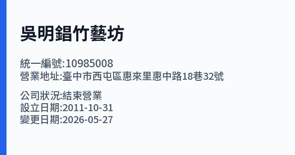 吳明錩竹藝坊的照片-統編 10985008(臺中市) 公司登記資料與營業項目詳細圖表