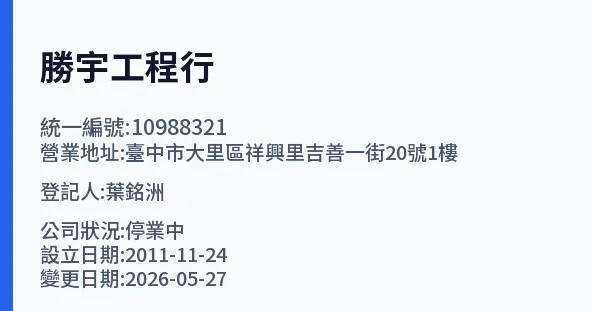 勝宇工程行的照片-統編 10988321(臺中市) 公司登記資料與營業項目詳細圖表