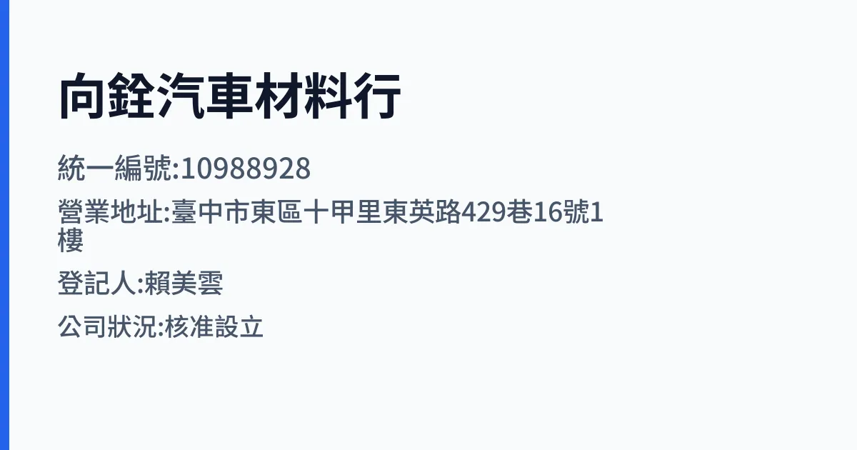 向銓汽車材料行 - 統編 10988928(臺中市) 公司登記資料與營業項目詳細圖表