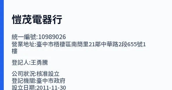 愷茂電器行的照片-統編 10989026(臺中市) 公司登記資料與營業項目詳細圖表
