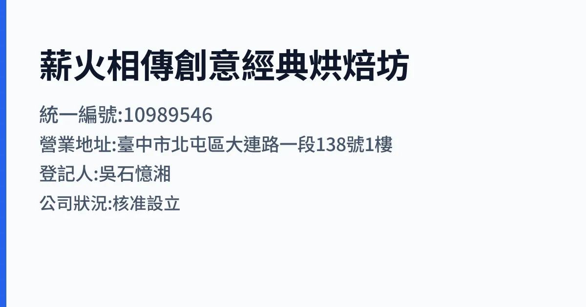 薪火相傳創意經典烘焙坊 - 統編 10989546(臺中市) 公司登記資料與營業項目詳細圖表