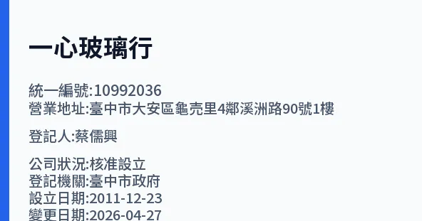 一心玻璃行的照片-統編 10992036(臺中市) 公司登記資料與營業項目詳細圖表