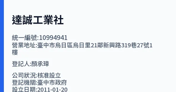 達誠工業社的照片-統編 10994941(臺中市) 公司登記資料與營業項目詳細圖表