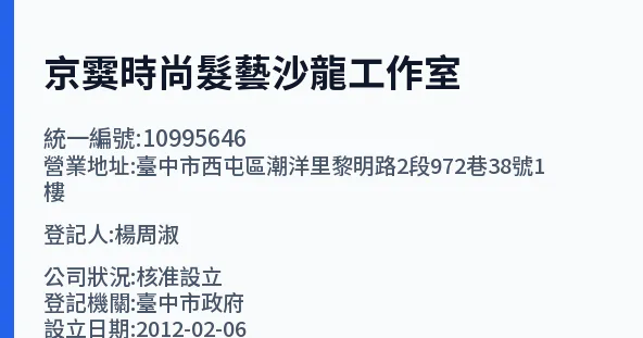 京霙時尚髮藝沙龍工作室的照片-統編 10995646(臺中市) 公司登記資料與營業項目詳細圖表