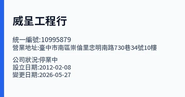 威呈工程行的照片-統編 10995879(臺中市) 公司登記資料與營業項目詳細圖表