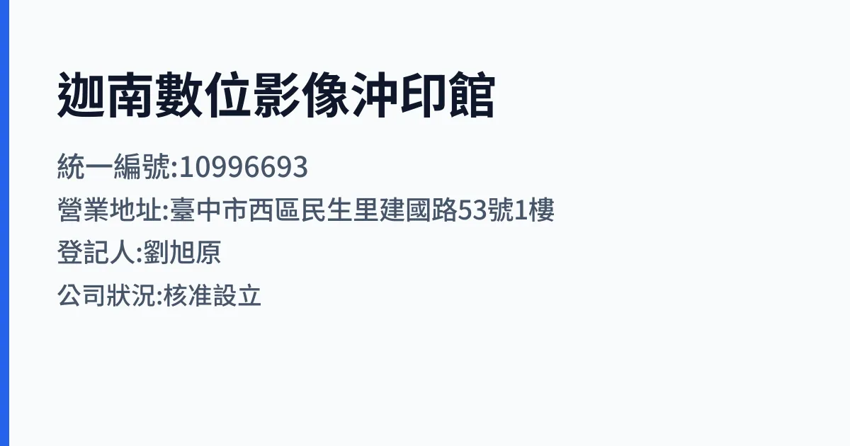迦南數位影像沖印館 - 統編 10996693(臺中市) 公司登記資料與營業項目詳細圖表