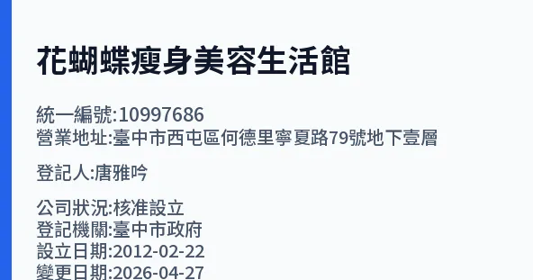 花蝴蝶瘦身美容生活館的照片-統編 10997686(臺中市) 公司登記資料與營業項目詳細圖表