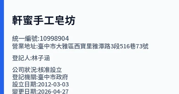 軒蜜手工皂坊的照片-統編 10998904(臺中市) 公司登記資料與營業項目詳細圖表