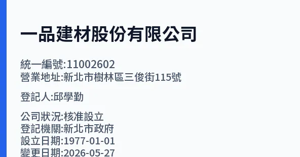 一品建材股份有限公司的照片-統編 11002602(新北市) 公司登記資料與營業項目詳細圖表