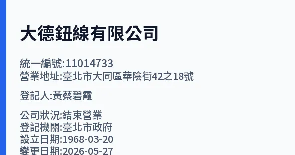 大德鈕線有限公司的照片-統編 11014733(臺北市) 公司登記資料與營業項目詳細圖表
