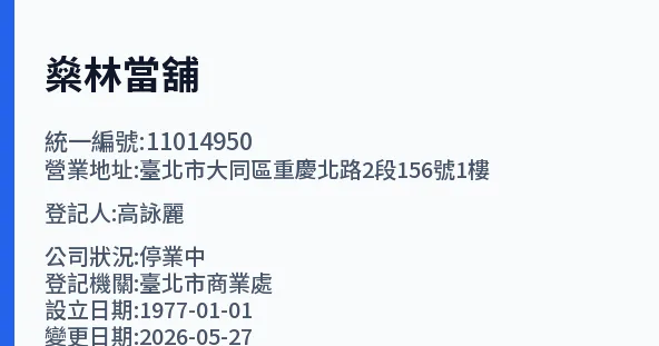 燊林當舖的照片-統編 11014950(臺北市) 公司登記資料與營業項目詳細圖表