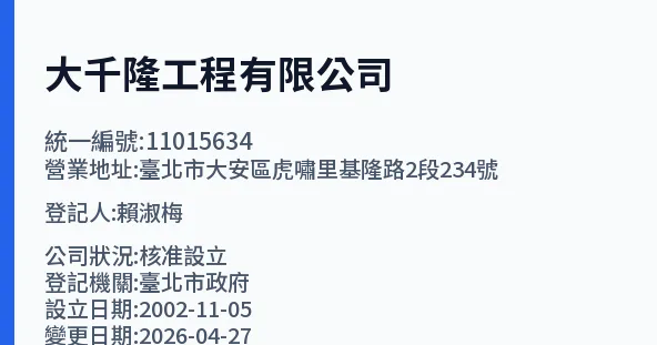 大千隆工程有限公司的照片-統編 11015634(臺北市) 公司登記資料與營業項目詳細圖表