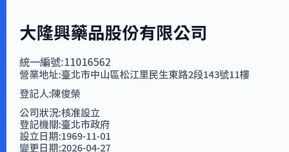大隆興藥品股份有限公司的照片-統編 11016562(臺北市) 公司登記資料與營業項目詳細圖表