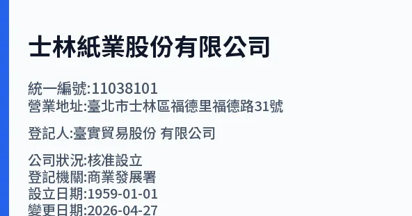 士林紙業股份有限公司的照片-統編 11038101(臺北市) 公司登記資料與營業項目詳細圖表