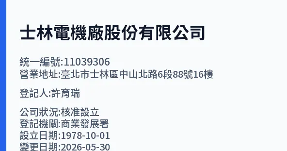 士林電機廠股份有限公司的照片-統編 11039306(臺北市) 公司登記資料與營業項目詳細圖表