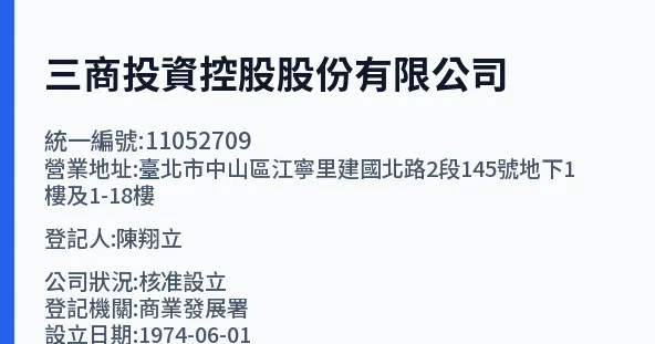 三商投資控股股份有限公司的照片-統編 11052709(臺北市) 公司登記資料與營業項目詳細圖表