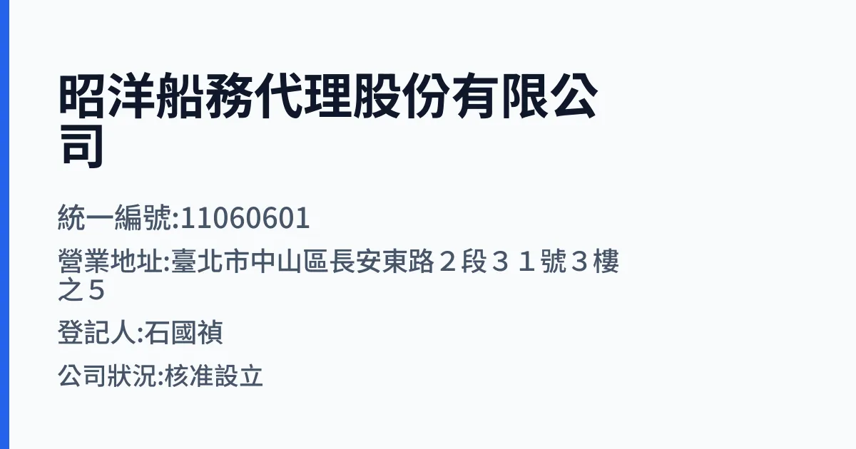 昭洋船務代理股份有限公司 - 統編 11060601(臺北市) 公司登記資料與營業項目詳細圖表