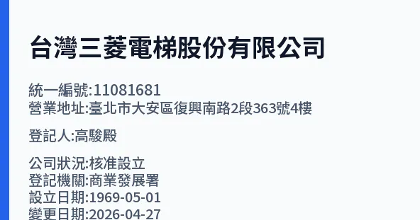 台灣三菱電梯股份有限公司的照片-統編 11081681(臺北市) 公司登記資料與營業項目詳細圖表