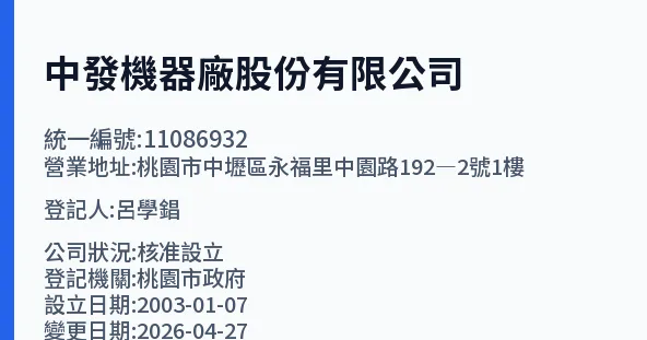 中發機器廠股份有限公司的照片-統編 11086932(桃園市) 公司登記資料與營業項目詳細圖表