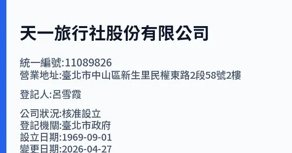 天一旅行社股份有限公司的照片-統編 11089826(臺北市) 公司登記資料與營業項目詳細圖表