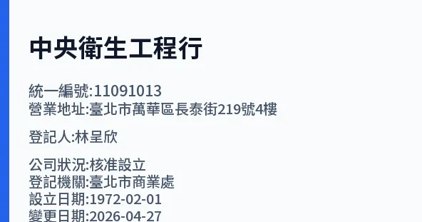 中央衛生工程行的照片-統編 11091013(臺北市) 公司登記資料與營業項目詳細圖表