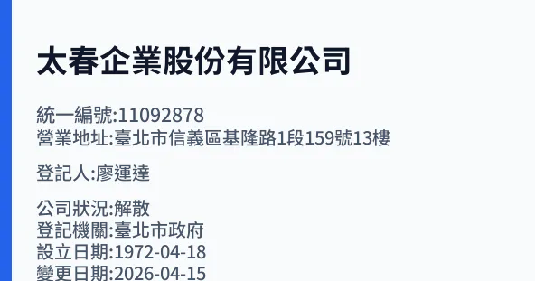 太春企業股份有限公司的照片-統編 11092878(臺北市) 公司登記資料與營業項目詳細圖表