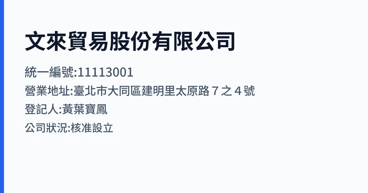 文來貿易股份有限公司 - 統編 11113001(臺北市) 公司登記資料與營業項目詳細圖表