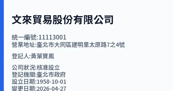 文來貿易股份有限公司的照片-統編 11113001(臺北市) 公司登記資料與營業項目詳細圖表