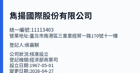 雋揚國際股份有限公司的照片-統編 11113403(臺北市) 公司登記資料與營業項目詳細圖表