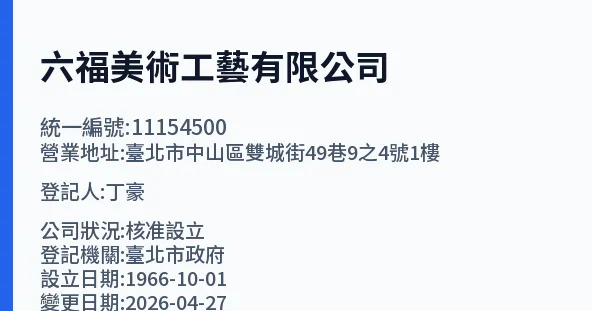 六福美術工藝有限公司的照片-統編 11154500(臺北市) 公司登記資料與營業項目詳細圖表