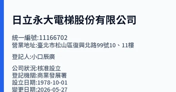 日立永大電梯股份有限公司的照片-統編 11166702(臺北市) 公司登記資料與營業項目詳細圖表