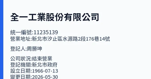 全一工業股份有限公司的照片-統編 11235139(新北市) 公司登記資料與營業項目詳細圖表